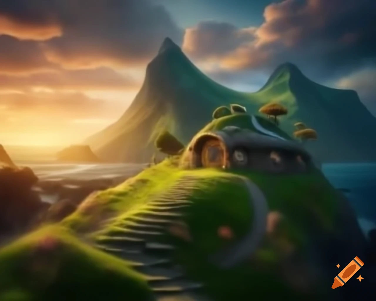 Hobbit house on a mountain with sea view at sunset on Craiyon