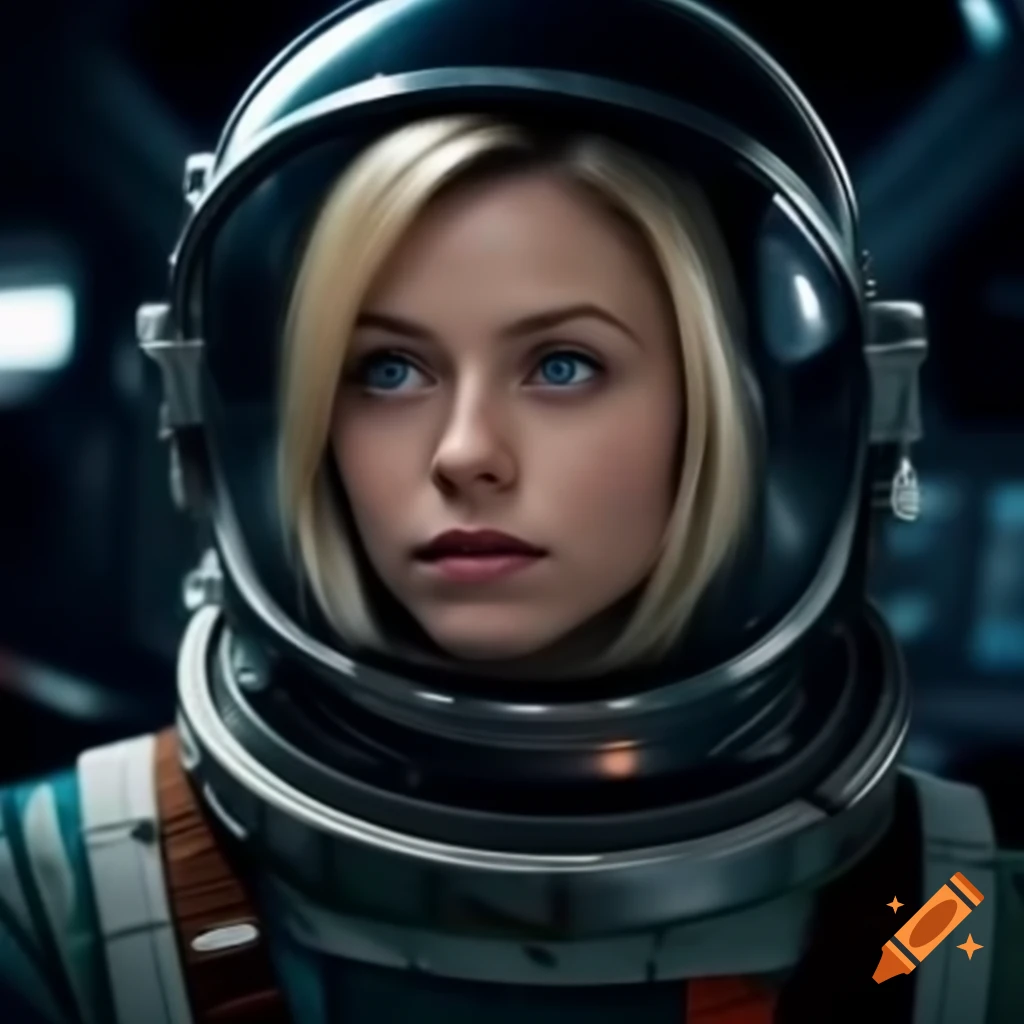 Young woman in spacesuit and helmet inside starship cockpit, highly ...