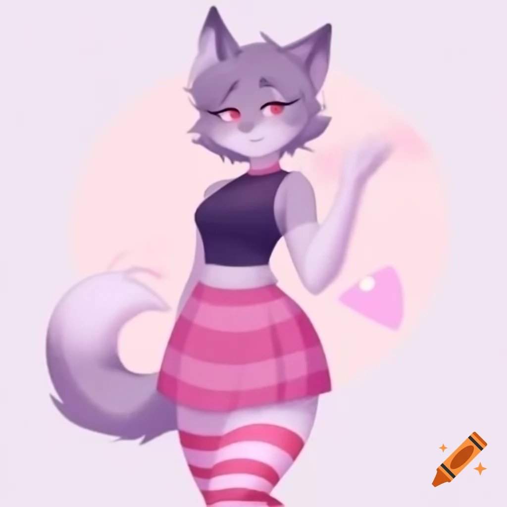 Cute anthro furry wolf character in feminine attire with grey fur on ...
