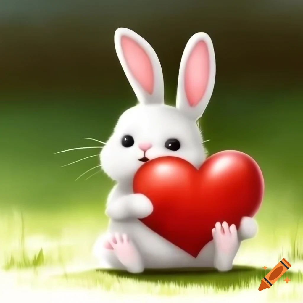 Cartoon-style bunny holding large heart, one ear straight up and one ...