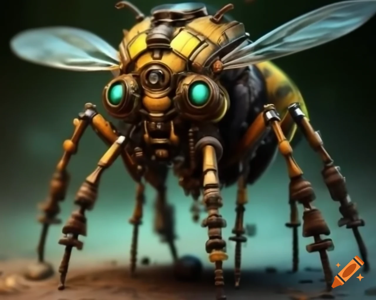 Steampunk robotic bee with armor and nuts and bolts on Craiyon