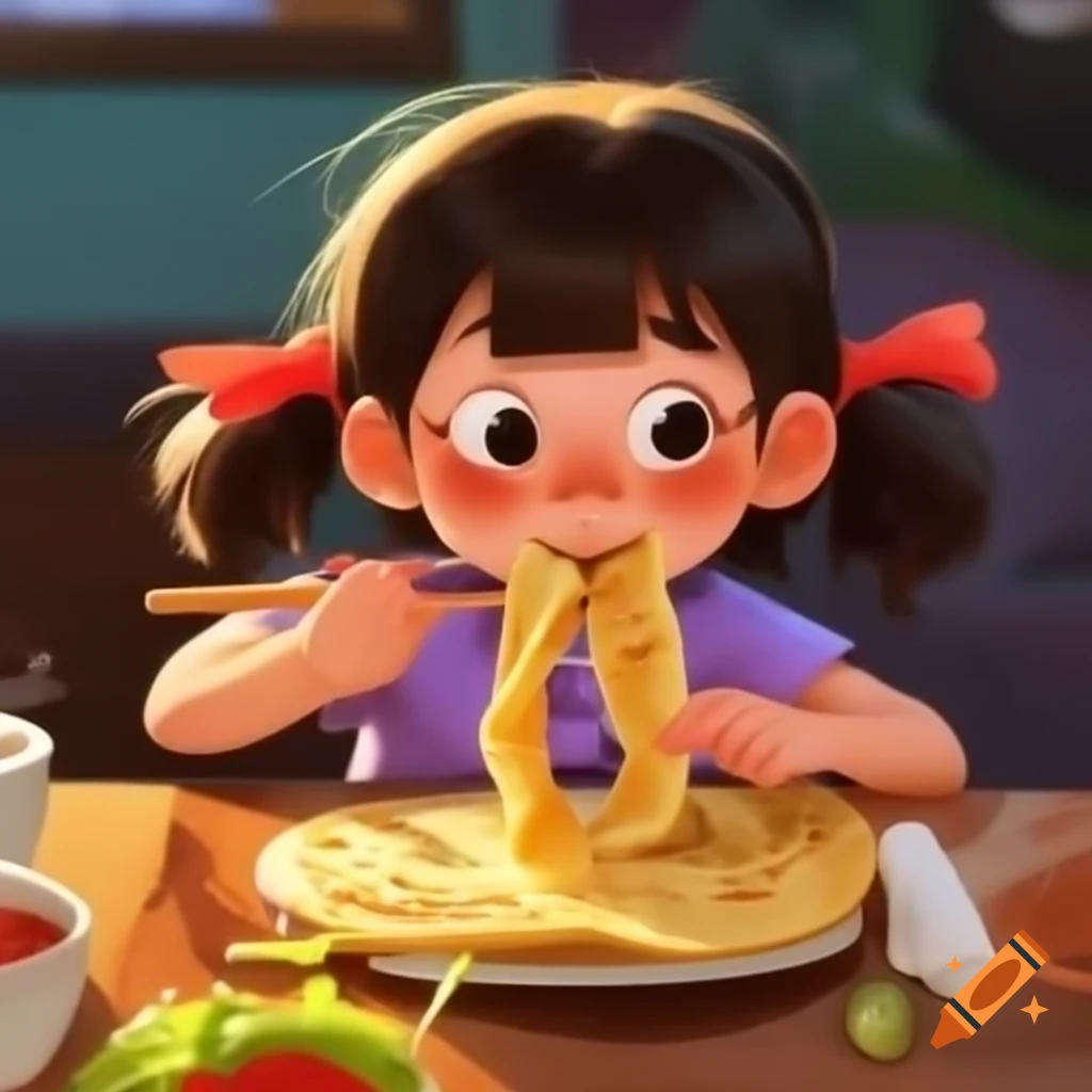 Girl using chopsticks to eat roti on Craiyon