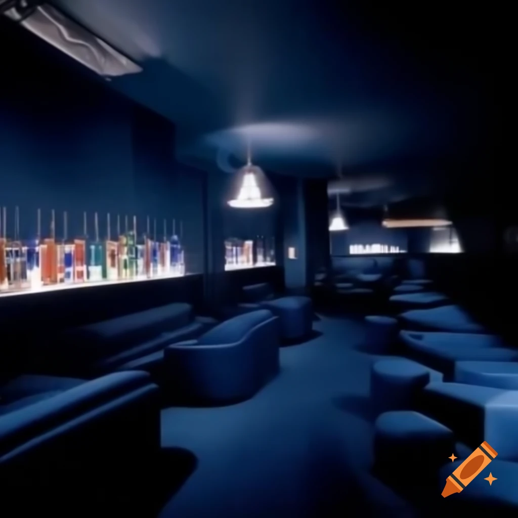 Empty 1980s/1990s lounge nightclub with cobalt blue decor and disco ...