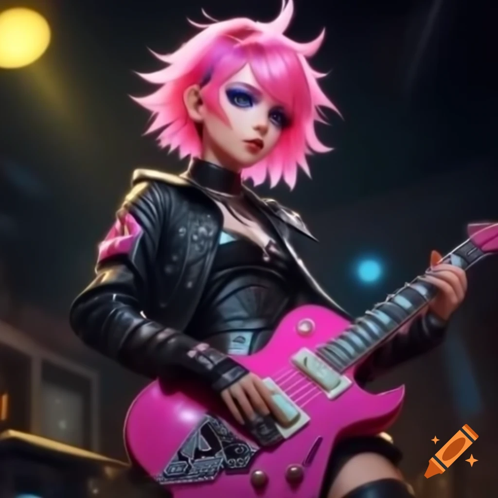 Anime style female punk rocker with pink hair and guitar on dimly lit ...