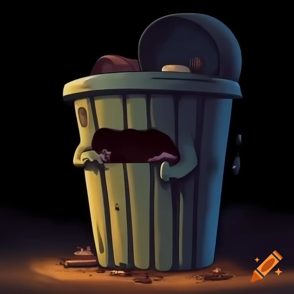 Anthropomorphized trash can with sad eyes made from apple and soda can ...