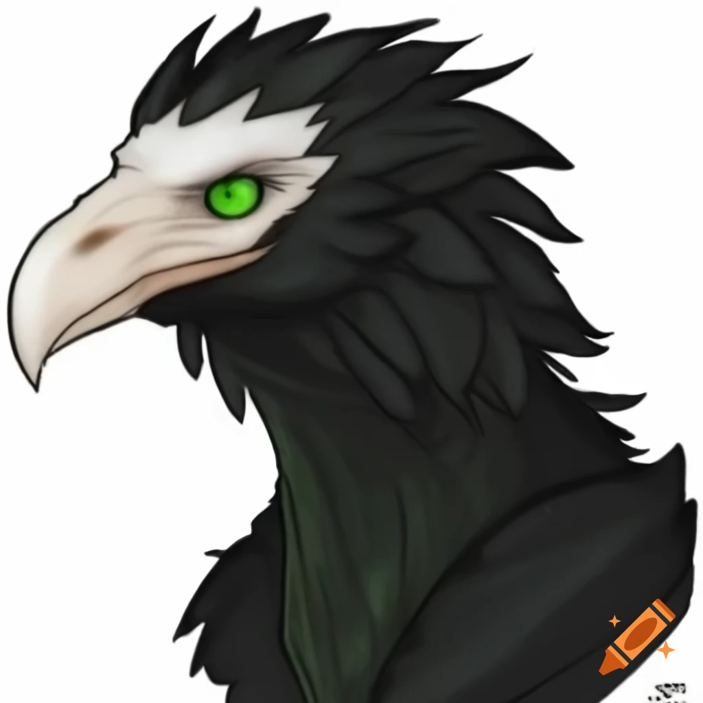 Humanoid bird character with black feathers and green eyes inspired by ...