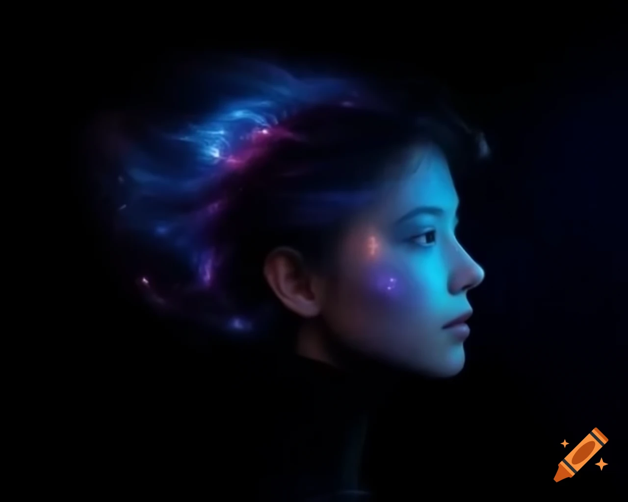 Realistic profile of woman with luminous galactic hair on Craiyon