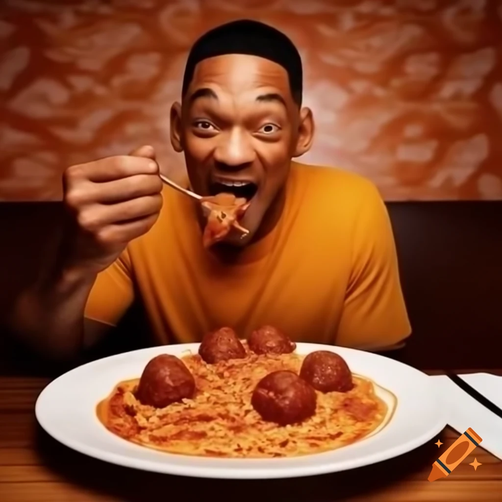 Hilarious meme of Will Smith eating spaghetti with meatballs on Craiyon