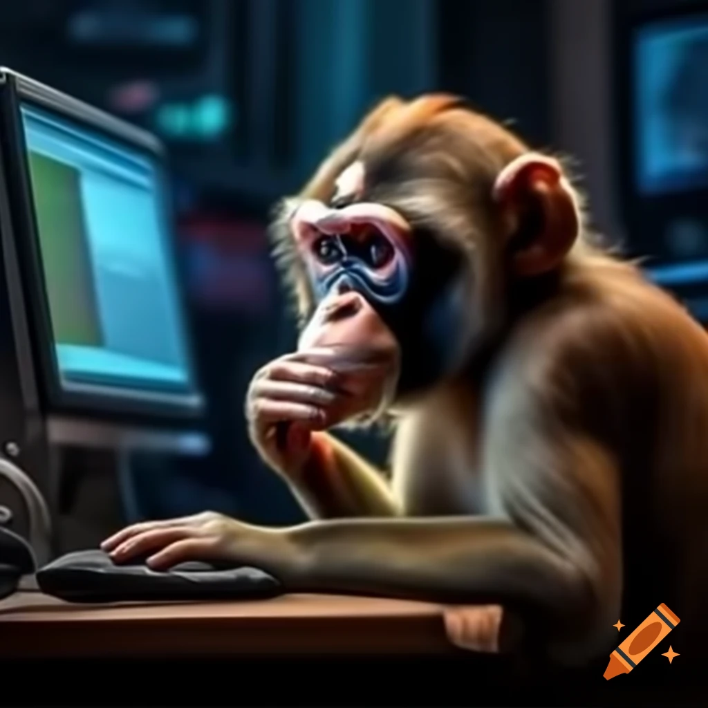 Monkey contemplating in front of a computer on Craiyon