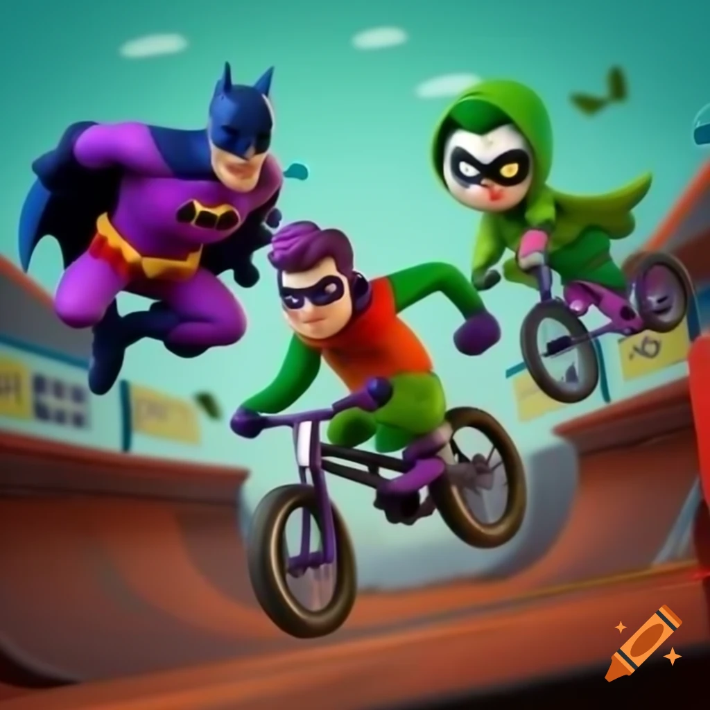 Batman and Robin racing BMX bikes against Joker and Penguin on colorful ...