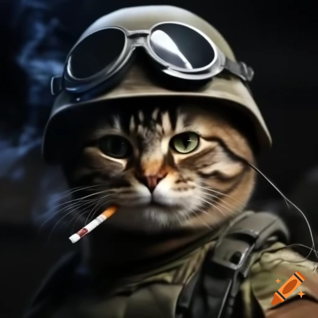 Cat dressed as soldier in helmet with cigarette on Craiyon