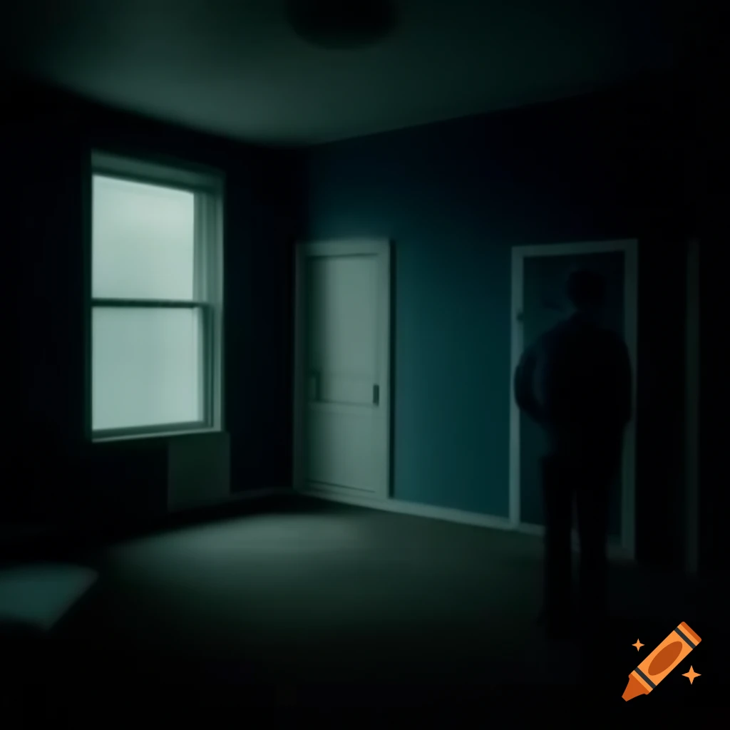 Eerie dark empty apartment room at night with door slightly open ...