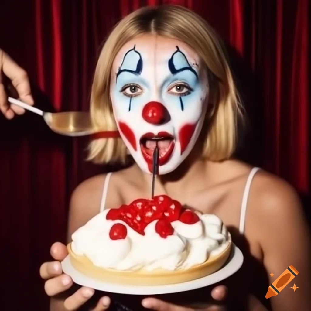 Woman with clown nose getting whipped cream pie in her face at circus ...