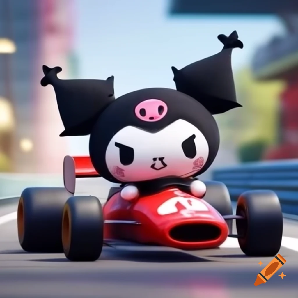 Kuromi character from hello kitty driving a formula 1 car on Craiyon