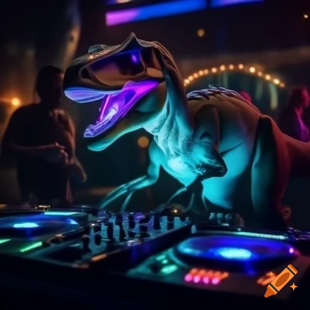 Realistic dinosaur night club scene with glow sticks and dj on Craiyon