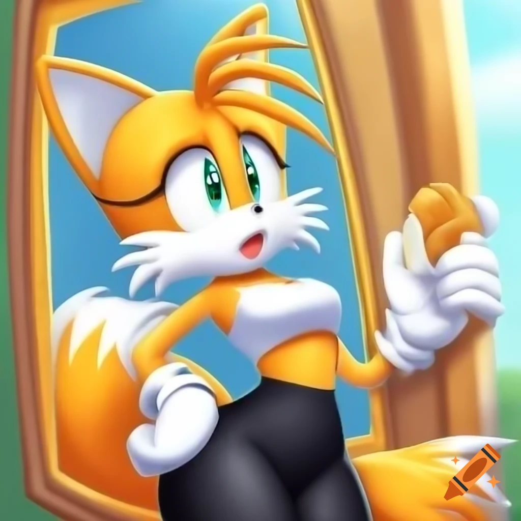 Female Tails character looking in mirror in stylish outfit inspired by Sonic the Hedgehog on Craiyon