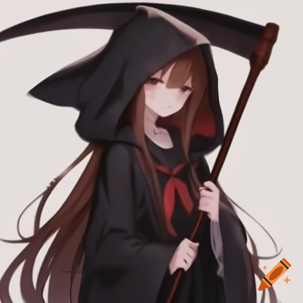 Anime girl with long brown hair in grim reaper outfit holding a scythe ...