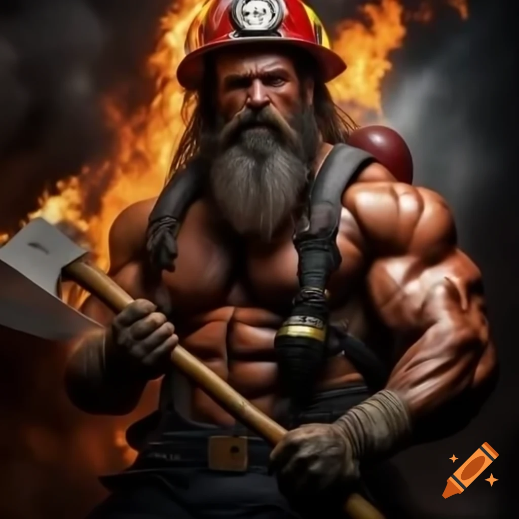 Gigantic bearded muscular firefighter holding fire axe on Craiyon