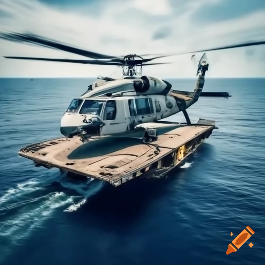 Helicopter landing on barge in fiery ocean scene on Craiyon