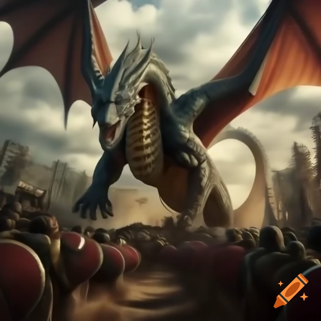 Giant dragon attacking ancient soldiers on Craiyon