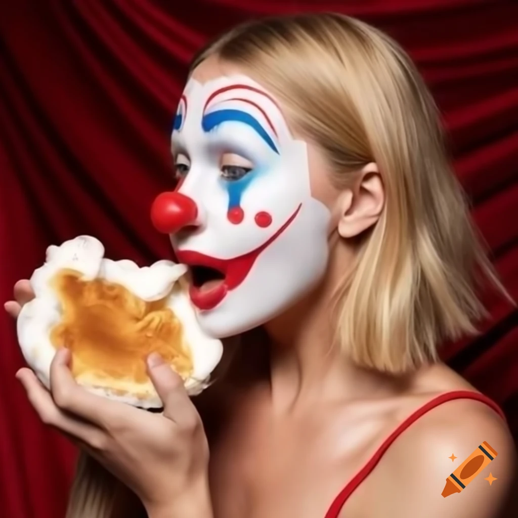 Blonde woman with freckles and clown nose getting pie in face at circus ...