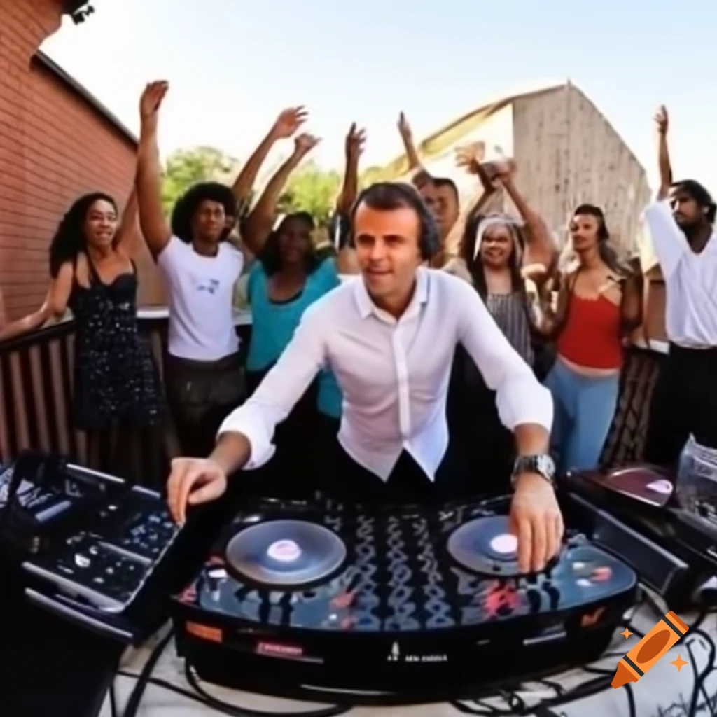 Dj performing on balcony with people dancing at housewarming party on ...