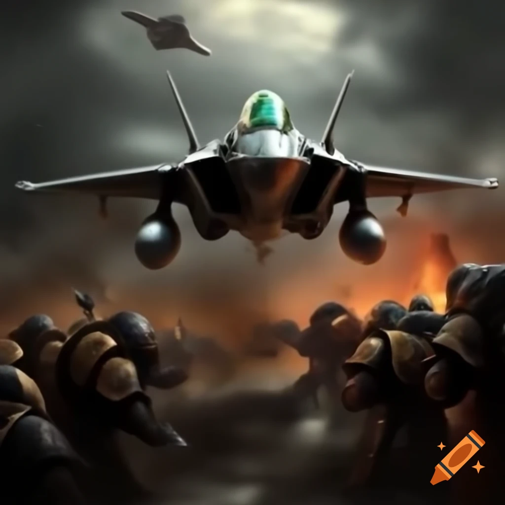F-22 fighter jet engaging with Warhammer fantasy elements on Craiyon