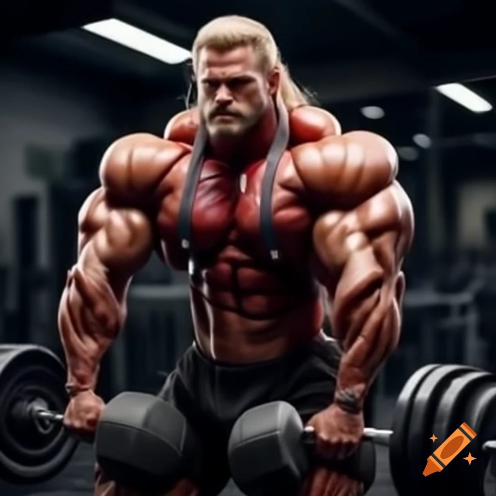 Ultra realistic bodybuilder with blond hair lifting heavy weights on ...