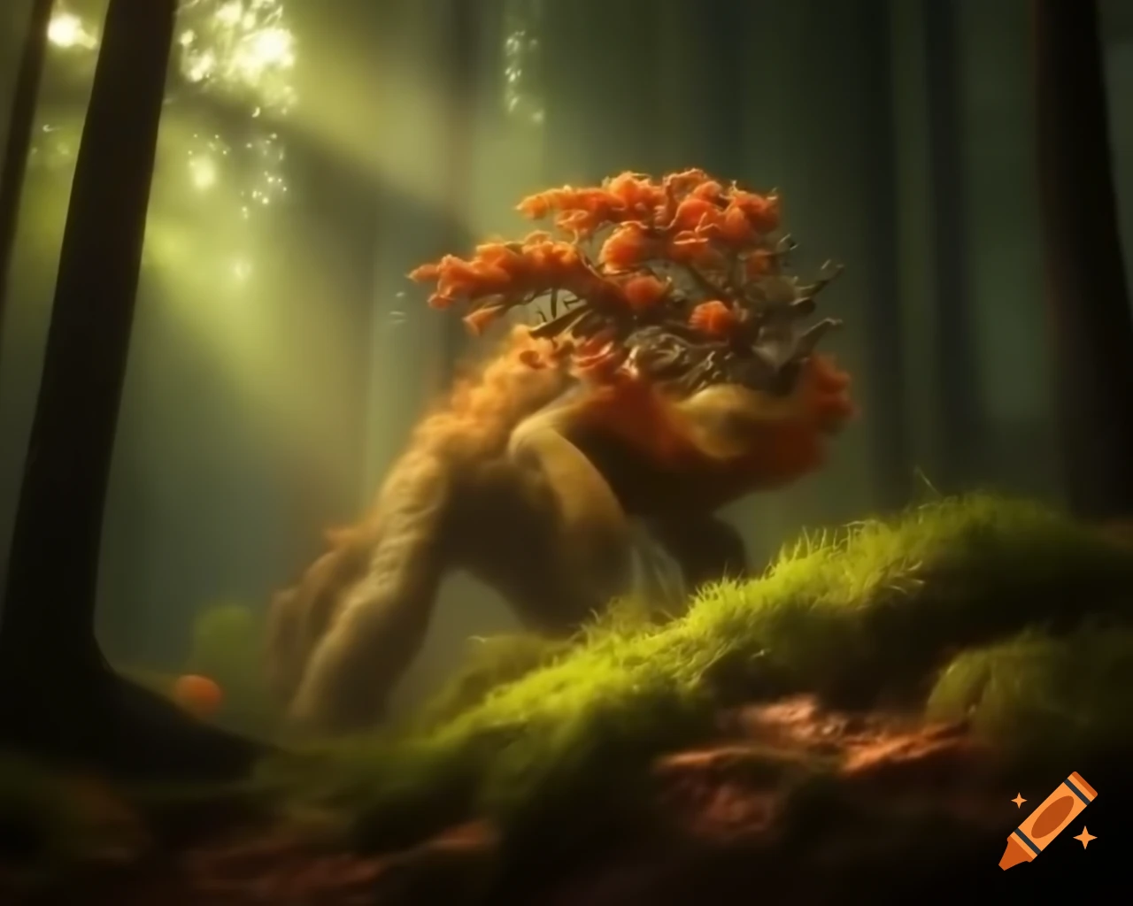 Realistic depiction of an orange tree monster in a contemporary nature ...
