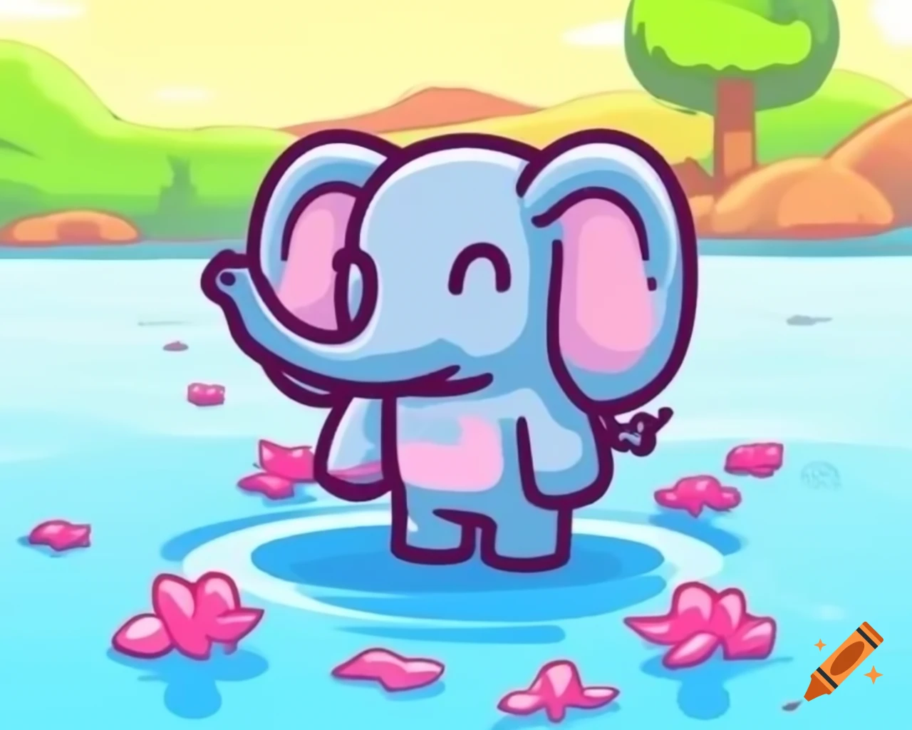 Elephant in a lake with pink petals, Scribblenauts 2D graphics style on ...