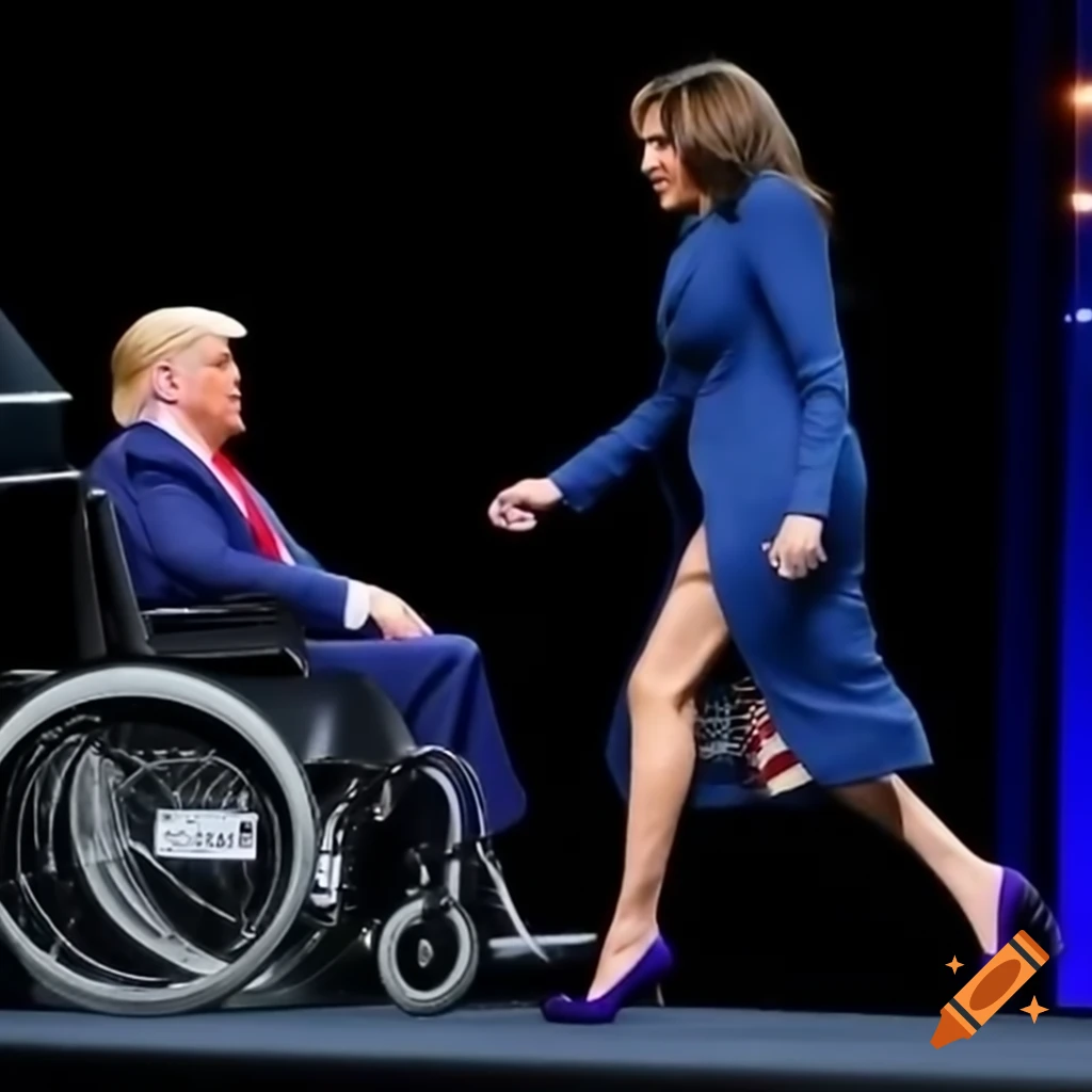 Kamala Harris in high heels pushing Donald Trump in wheelchair off ...