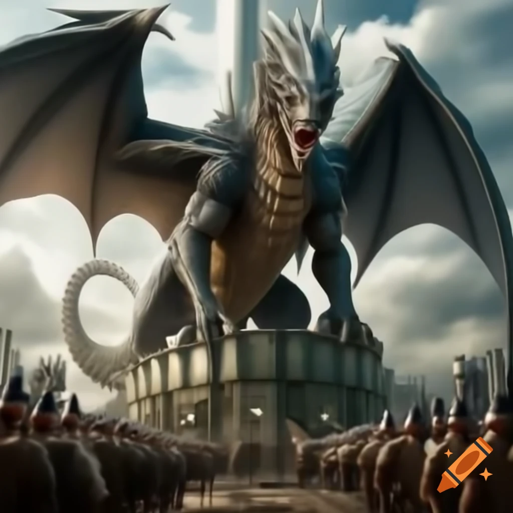 Giant electricity dragon atop tower facing ancient soldiers on Craiyon