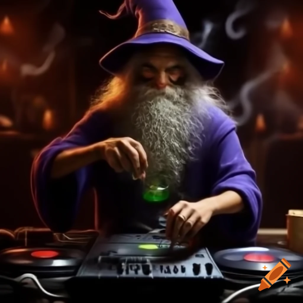 Mad dj wizard mixing potion with vinyl records on Craiyon