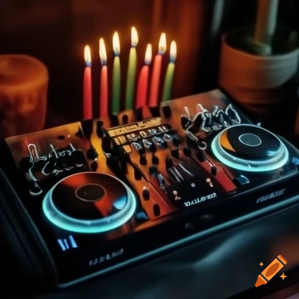 Birthday cake shaped like DJ controller with candles on Craiyon