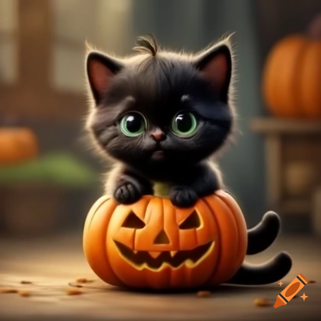 Cute black kitten holding a pumpkin on Craiyon