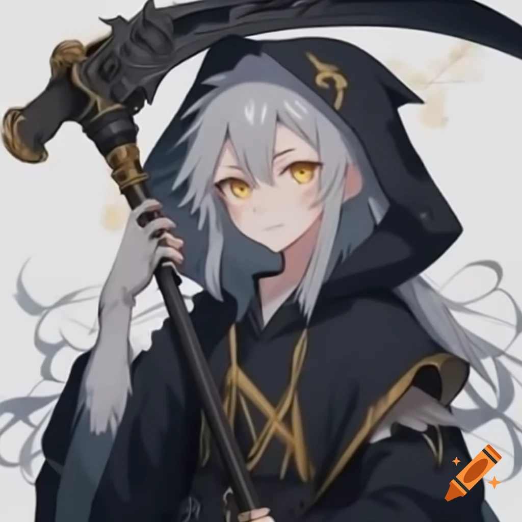 Anime boy dressed as a reaper with scythe, gold eyes and long gray hair ...