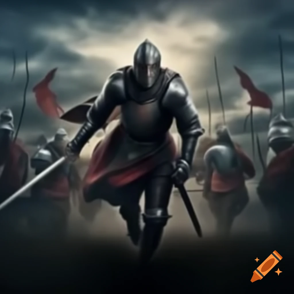 Knight fleeing from battle with conflict in the distance on Craiyon