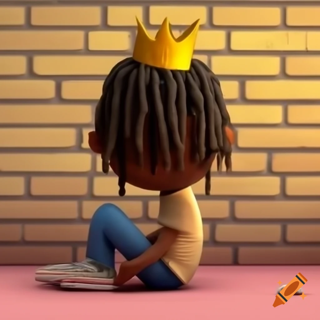 Cartoon man with locs and crown sitting in front of large brick wall ...