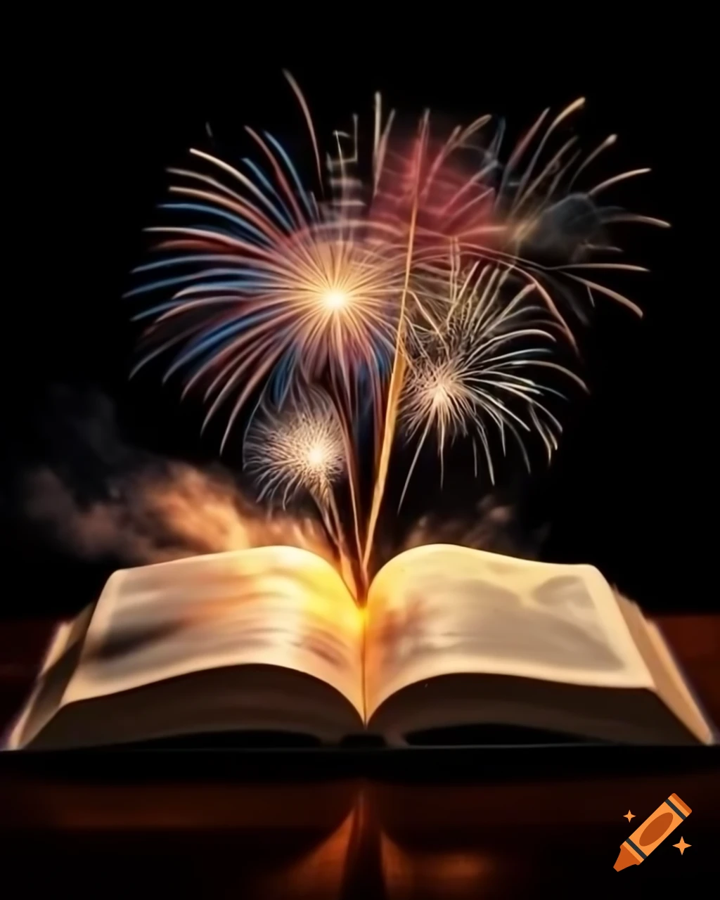 Book with fireworks bursting from pages in comic style on Craiyon