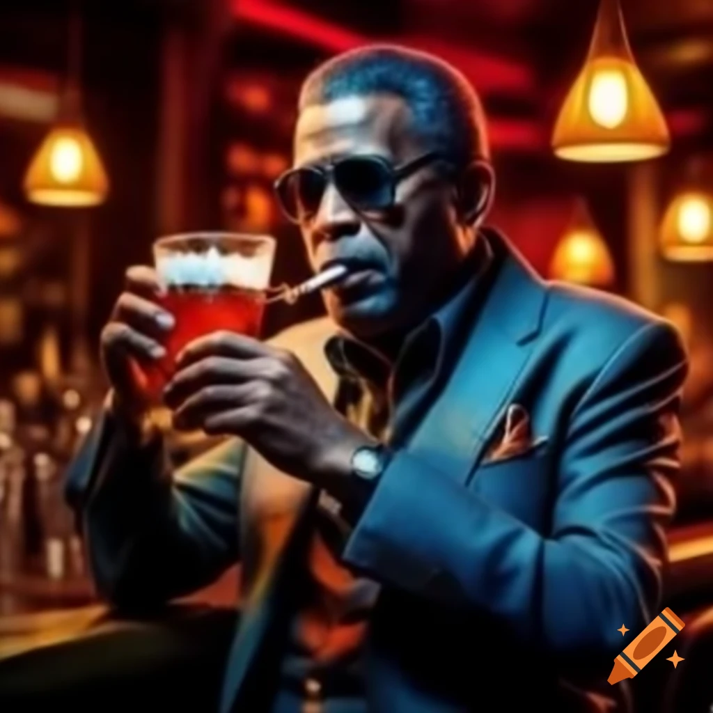 Modern jazz singer enjoying a drink in vibrant bar atmosphere on Craiyon