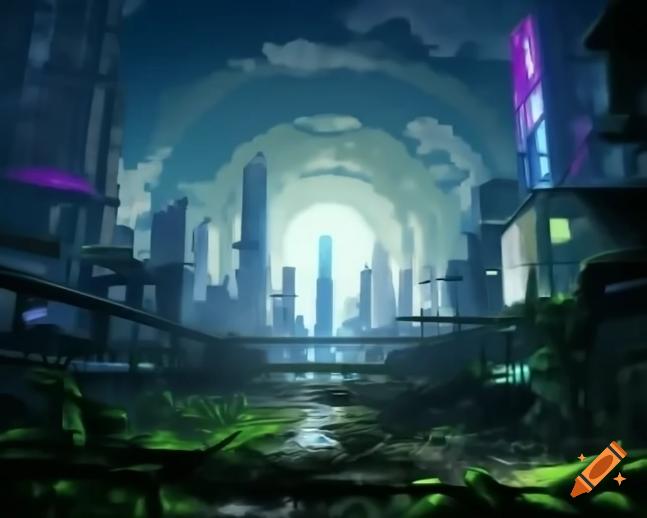 Cyberpunk city skyscrapers from ruined overgrown outskirts on Craiyon