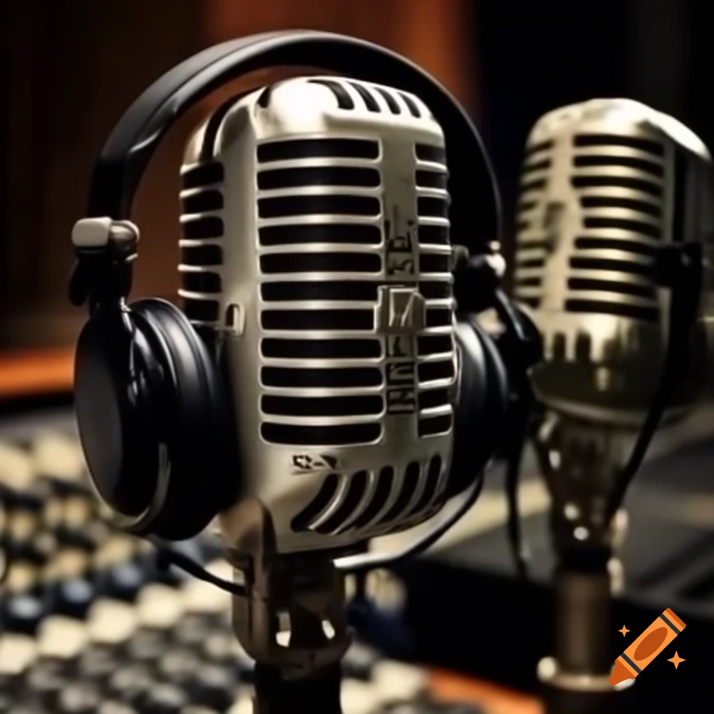 Vintage microphones and headphones in a radio station booth on Craiyon