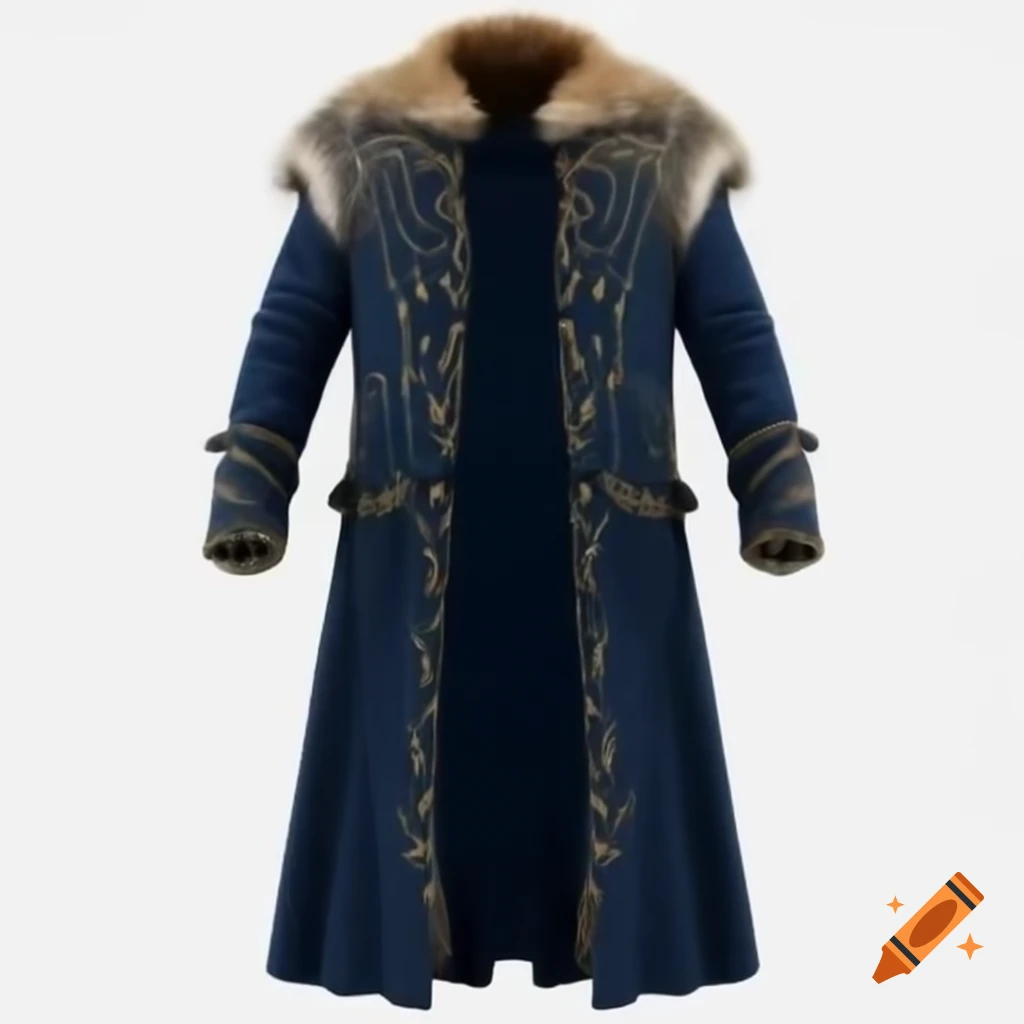 Medieval viking long coat in dark blue with golden designs and fur ...