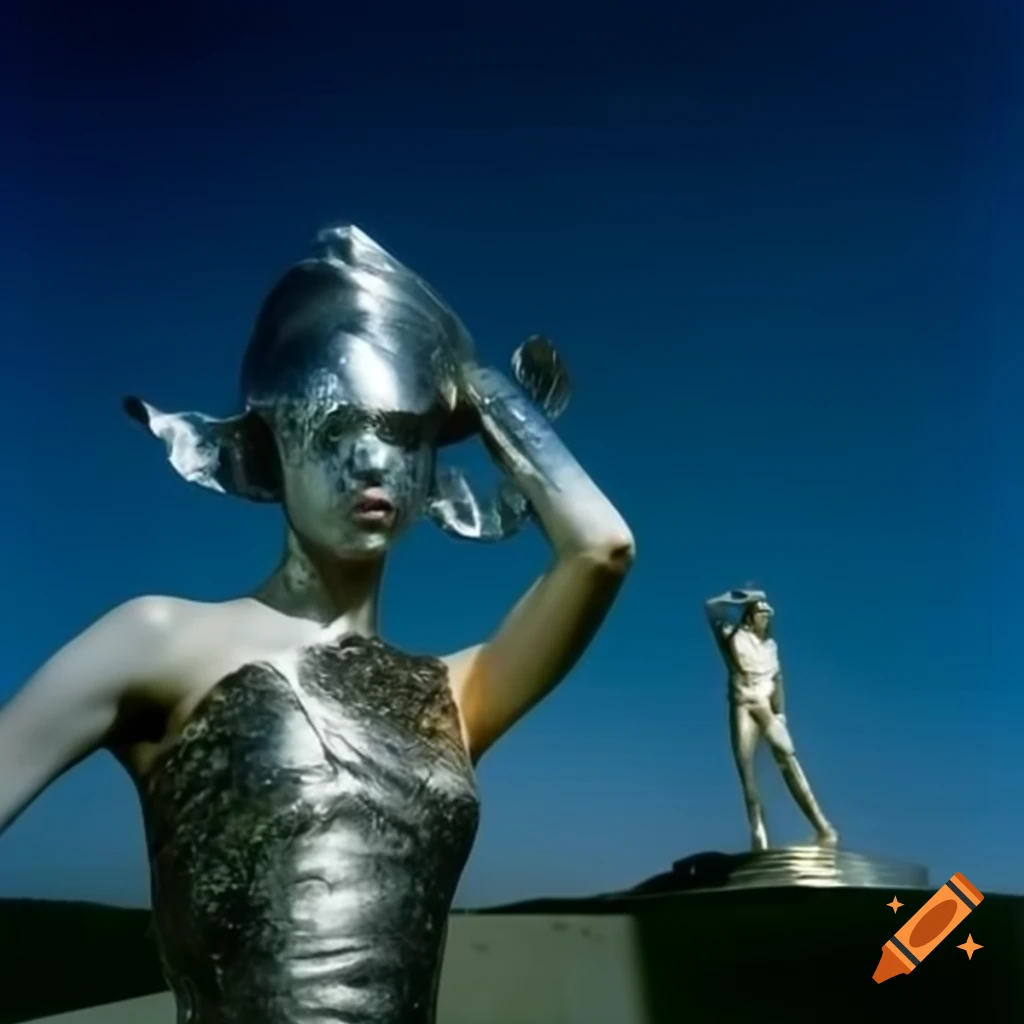 Pop surreal photography featuring a silver statue from the 2000s on Craiyon