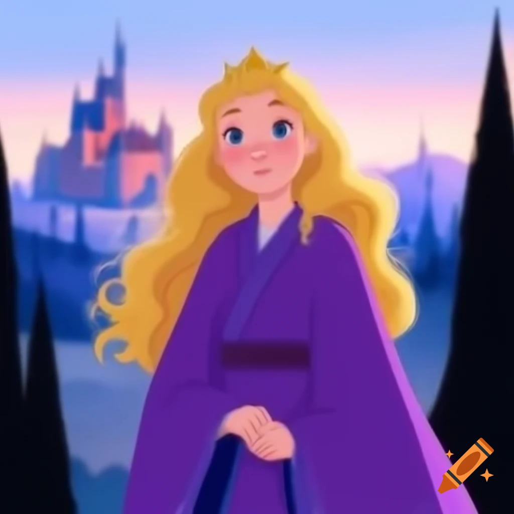 Young woman princess in purple robe with blonde hair, castle and forest ...
