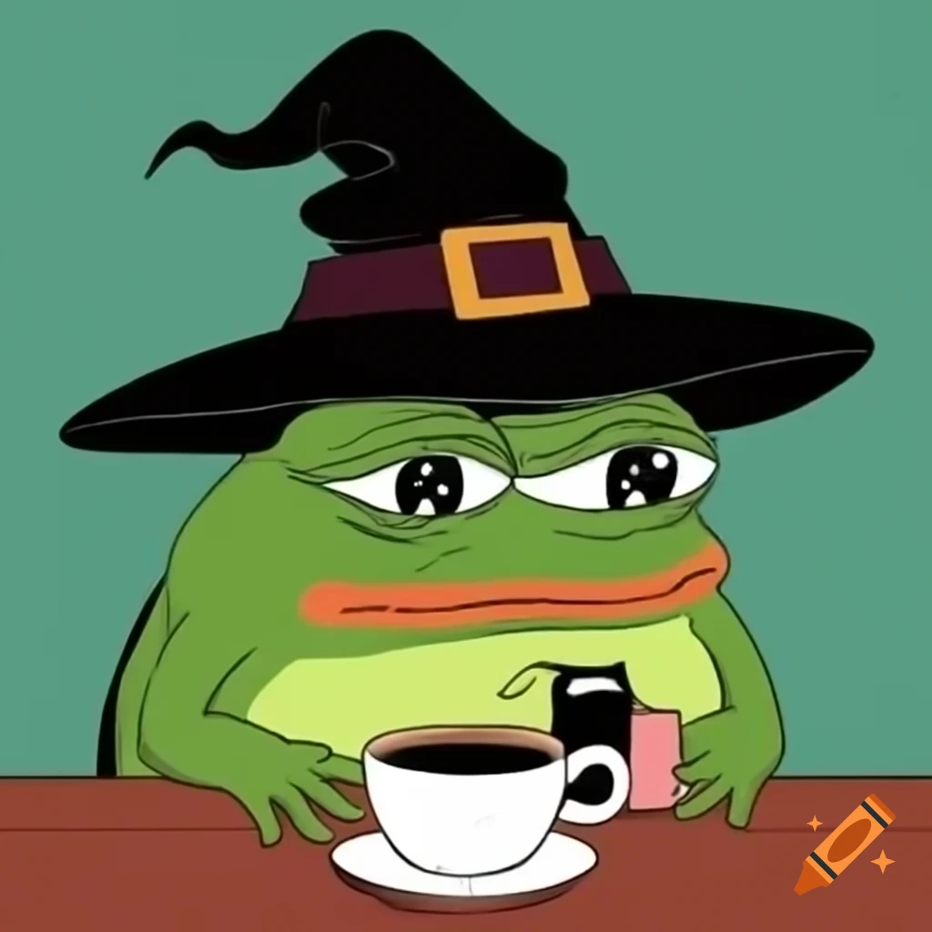 Grumpy frog wearing witch hat holding coffee cup on Craiyon