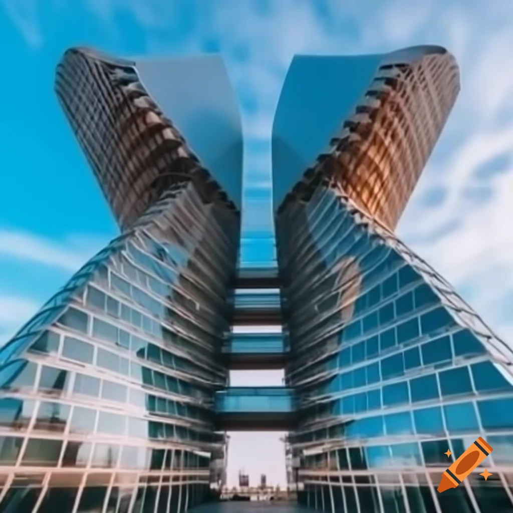 Ladder-shaped building with glass towers and connecting pathways on Craiyon