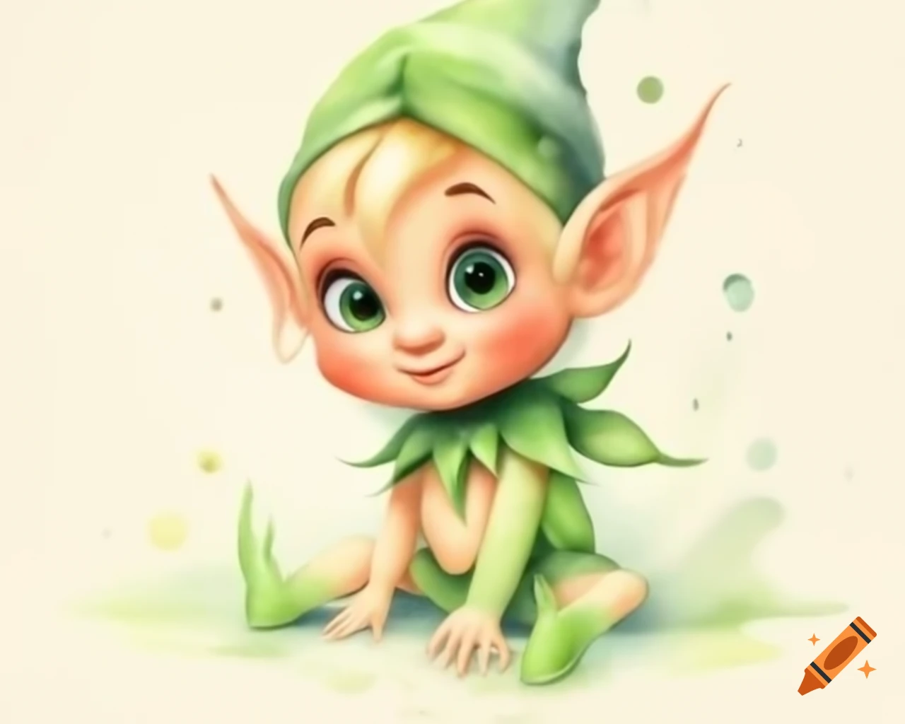 Gum nut baby elf in watercolor shades of green, white, and gold ...