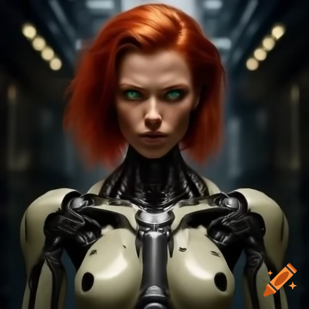 Full-body view of an angry cross-eyed female cyborg robot with red hair ...