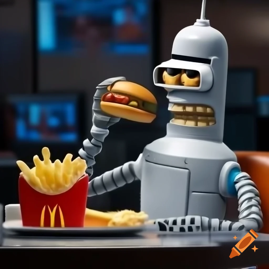 Detailed caricature of bender enjoying mcdonald's burger and fries in a ...
